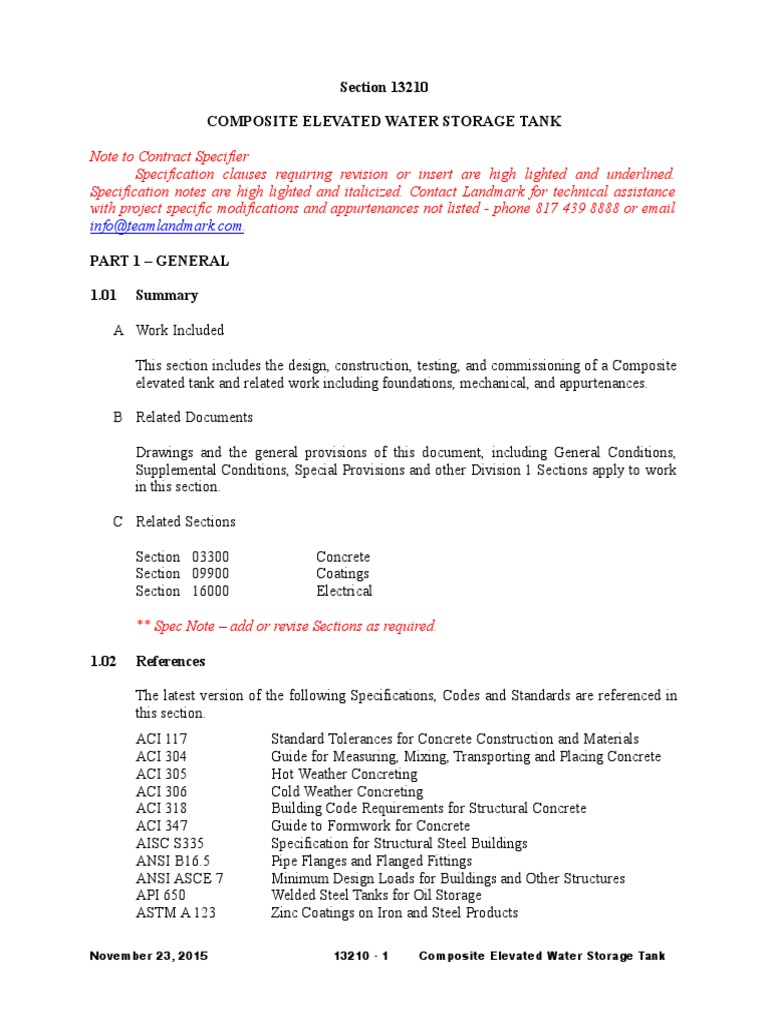 Composite Elevated Water Storage Tank Specs | PDF | Pipe (Fluid ...