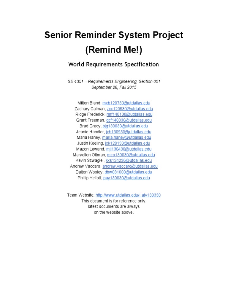 Senior Reminder System Project (Remind Me!) : World Requirements ...