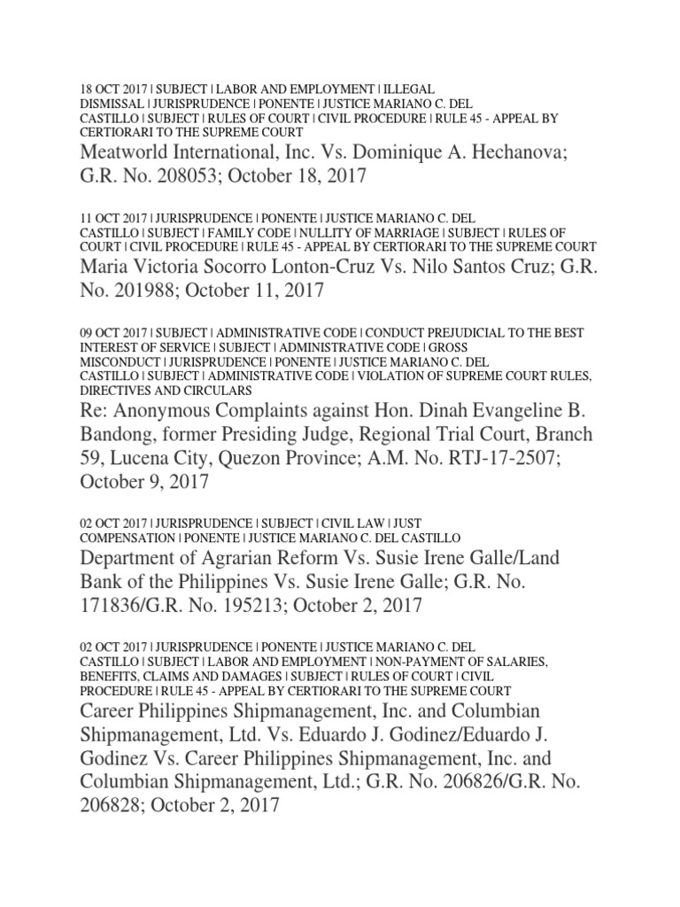 AJ Del Castillo Cases 2014-2017 | PDF | Certiorari | Supreme Courts