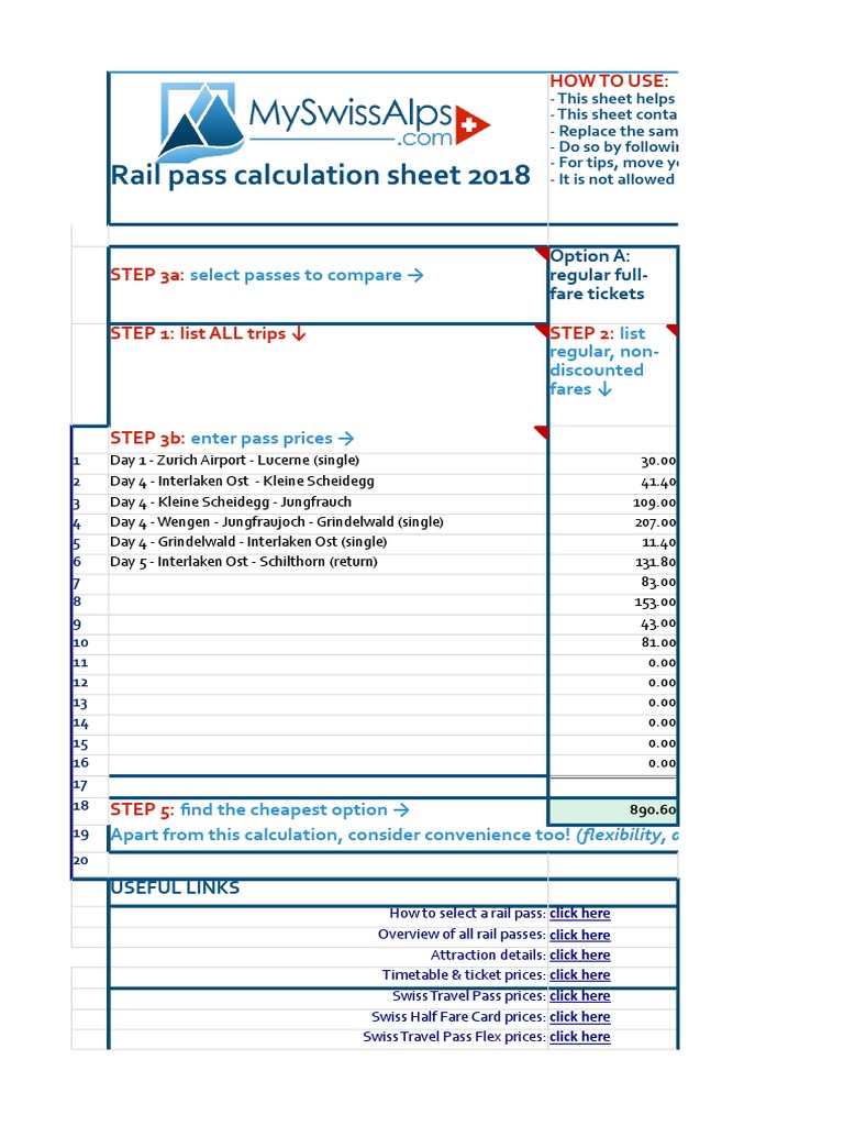 Rail Pass Calculation Sheet 2018: Option A: Regular Full-Fare Tickets ...