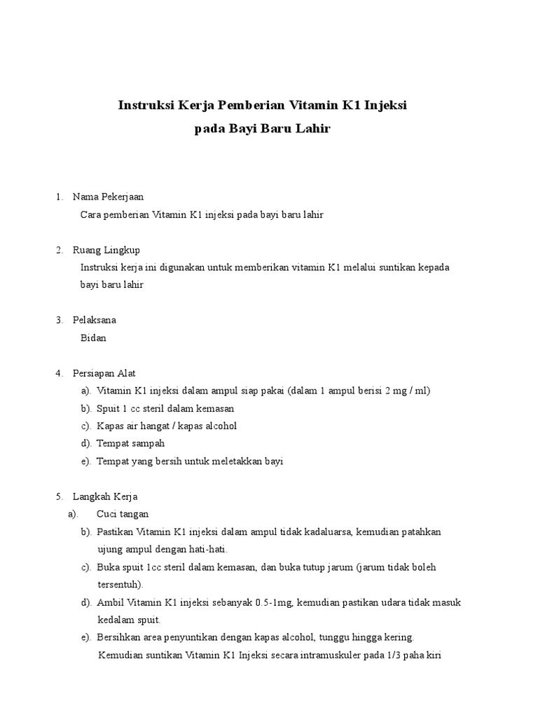 Instruksi Kerja Pemberian Vitamin K1 Injeksi | PDF