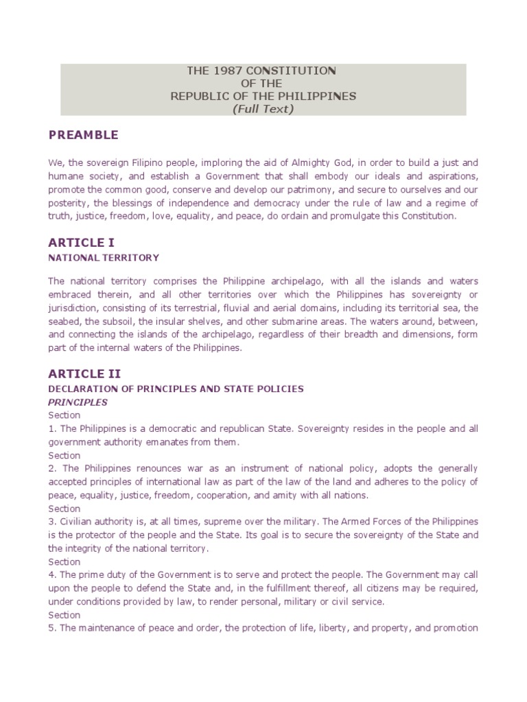 Preamble: The 1987 Constitution of The Republic of The Philippines ...
