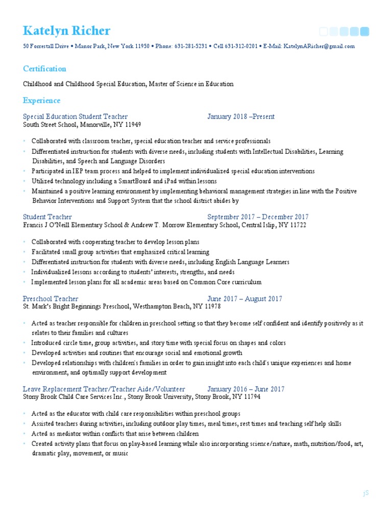 Katelyn Richer Resume 2018 Teacher | PDF | Special Education ...