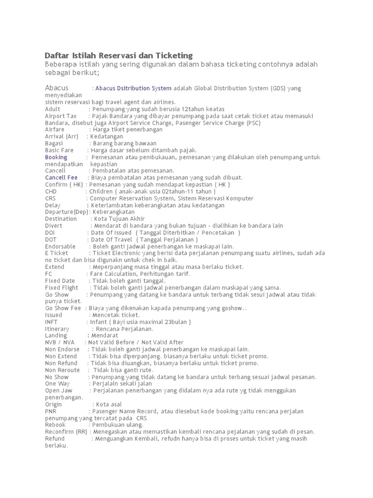 Daftar Istilah Reservasi Dan Ticketing | PDF
