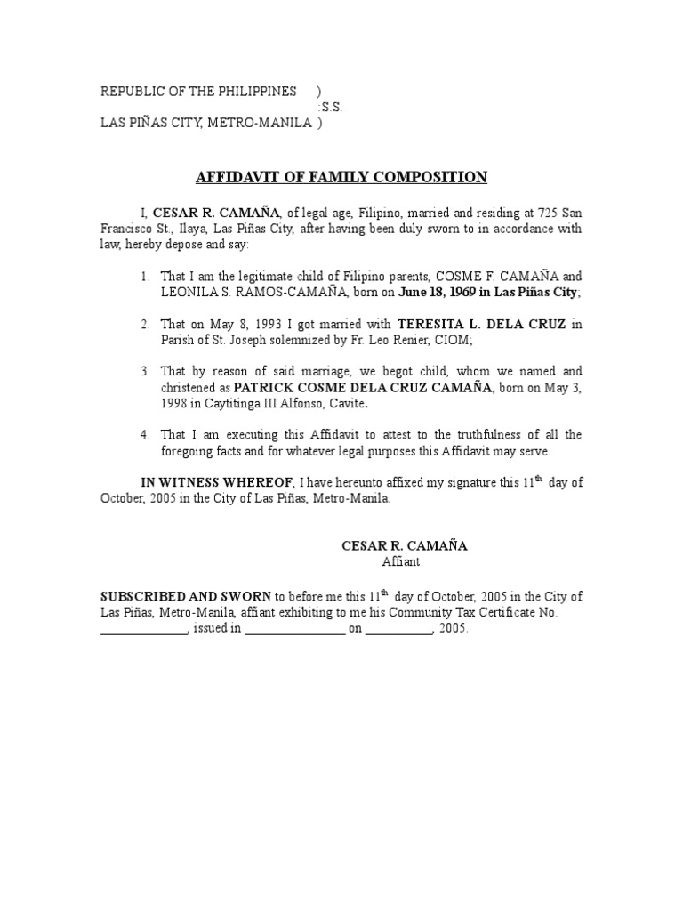 Affidavit of Family Composition | PDF