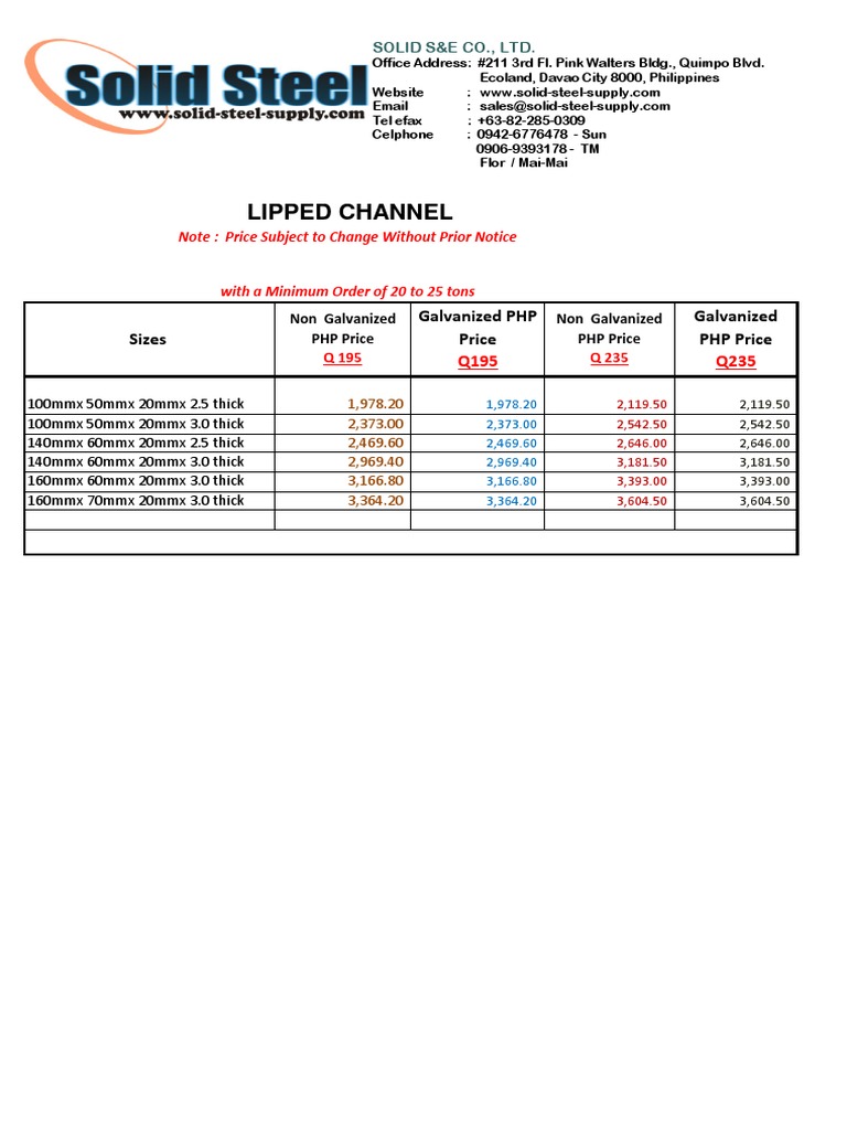 Lipped Channel: Sizes Galvanized PHP Price Galvanized PHP Price | PDF