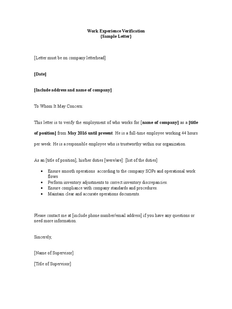 Work Experience Verification (Sample Letter) | PDF