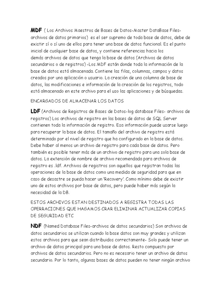 MDF NDF LDF y Algunas Cosas de Base de Datos | PDF | Bases de datos | SQL