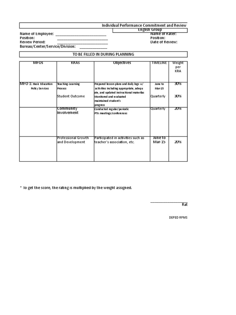 Timeline Weight Per KRA: DEPED RPMS Form-For Staff (Below SG 18 I 3 ...