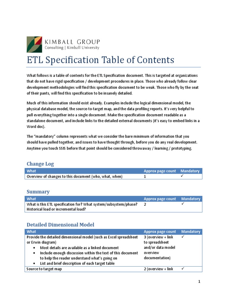 ETL Specification Table of Contents: Change Log | PDF | Databases | Information Technology