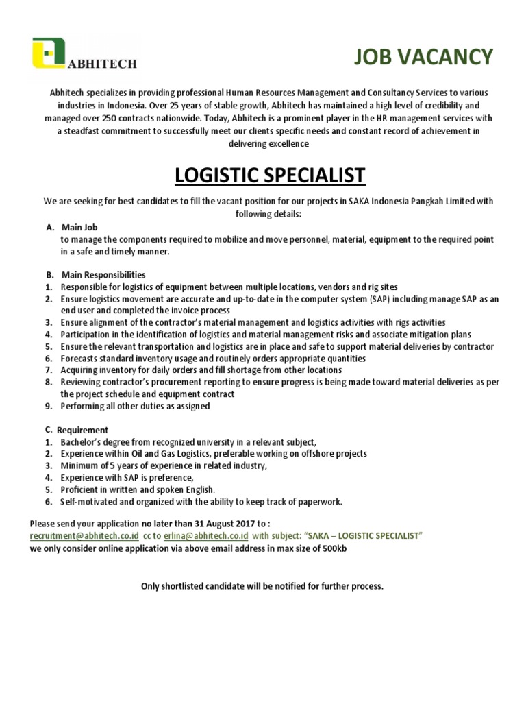 Job Vacancy: Logistic Specialist | PDF | Logistics | Inventory