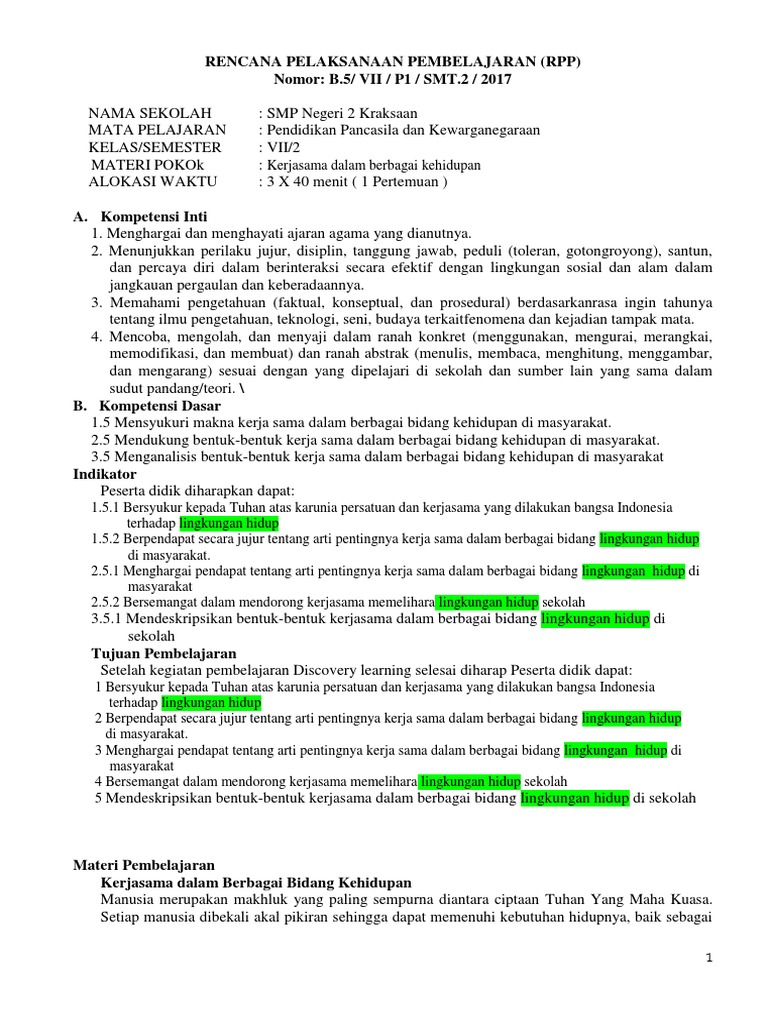 RPP PPKN 7 Adiwiyata | PDF