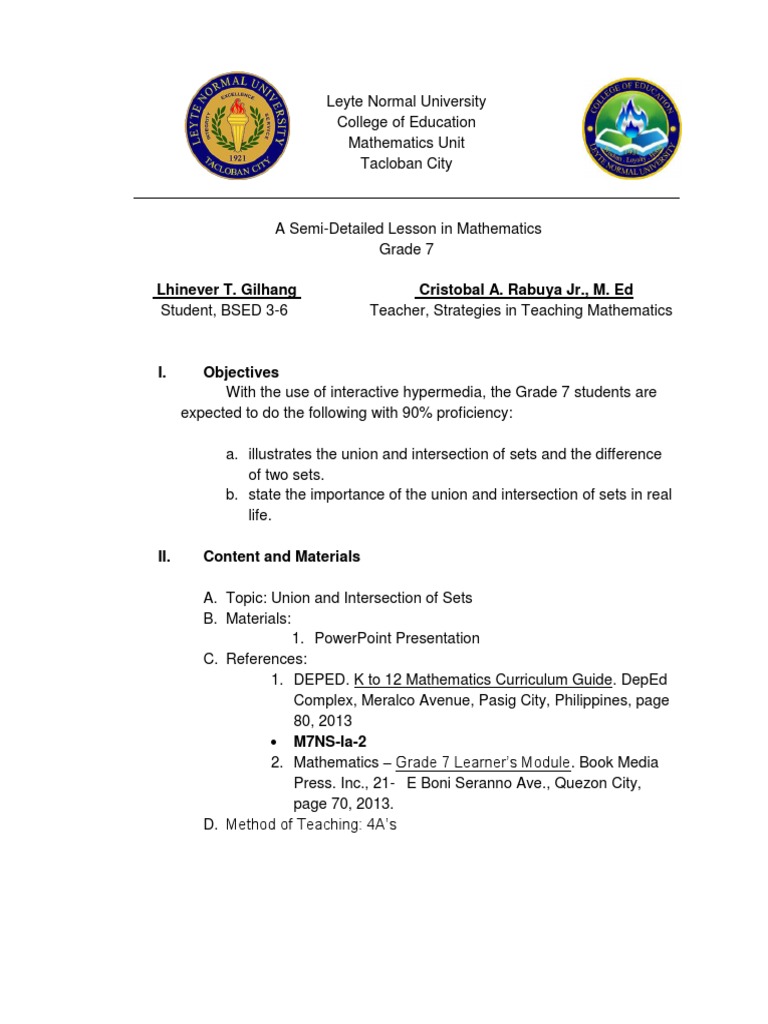 Lesson Plan (Union and Intersection of Sets) | Lesson Plan | Physics ...