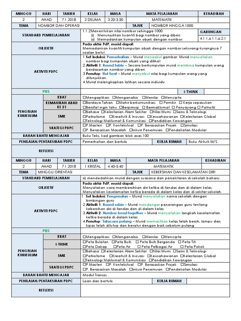 RPH Matematik Minggu 2 | PDF