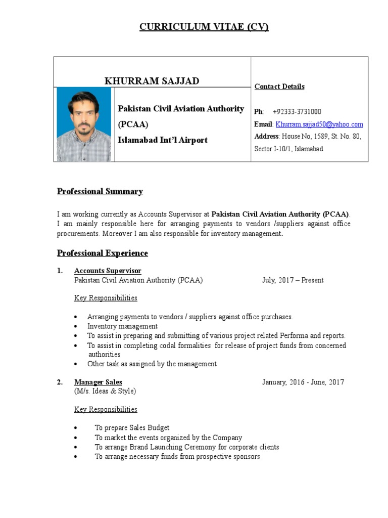 Curriculum Vitae (CV) : Pakistan Civil Aviation Authority (PCAA ...