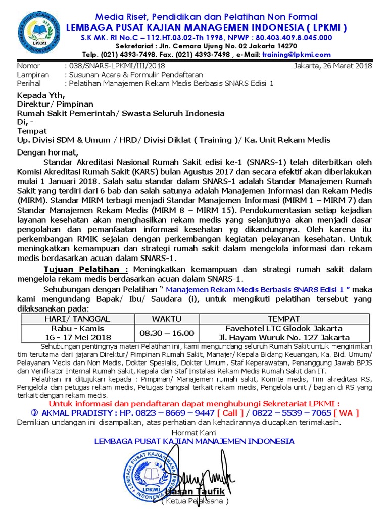 Training/ Pelatihan Manajemen Rekam Medis Berbasis SNARS Edisi 1 | PDF