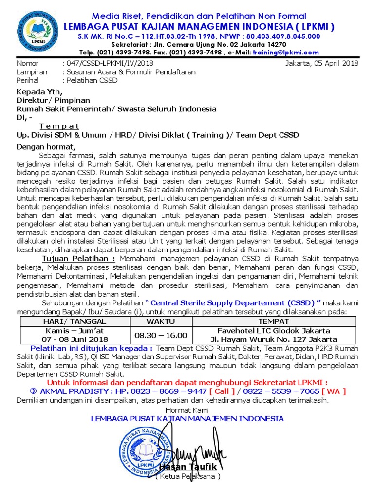 Training/ Pelatihan Central Sterile Supply Departement (CSSD) | PDF