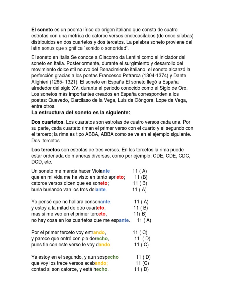 El soneto: origen, estructura y ejemplos | PDF | Sonetos | Forma Stanzaica