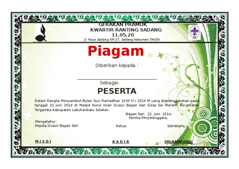 Contoh Piagam Penghargaan | PDF