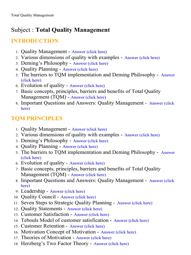 Total Quality Management Overview | PDF | Quality Management | Quality ...