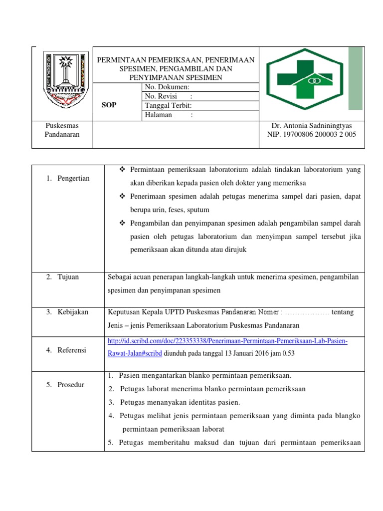 8.1.2.1 SOP Permintaan PX, Penerimaan Spesimen, Pengambilan Dan Penyimpanan Sampel | PDF