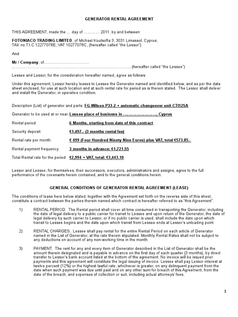 Generator Rental Agreement | Download Free PDF | Lease | Bankruptcy