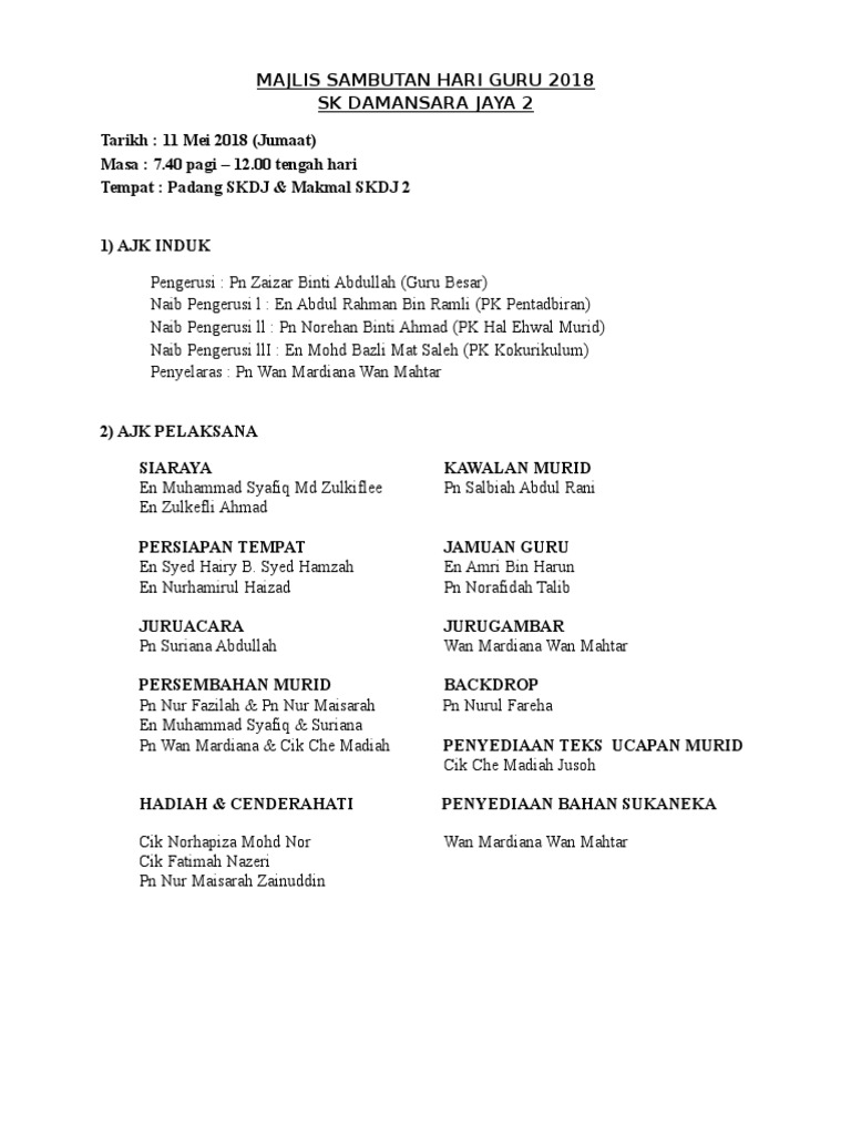 Tentatif Majlis Sambutan Hari Guru 2018 | PDF