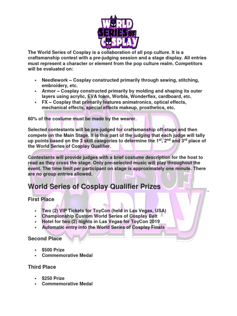 The World Series of Cosplay Rules | PDF | Cosplay | Clothing