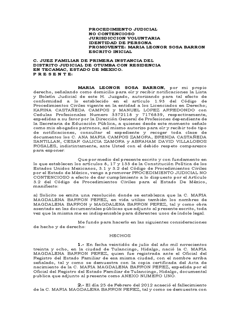 demanda de identidad de persona.docx | Evidencia (ley) | Demanda judicial