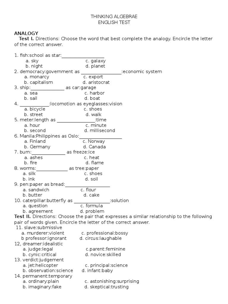 Analogy Test | PDF | Nature