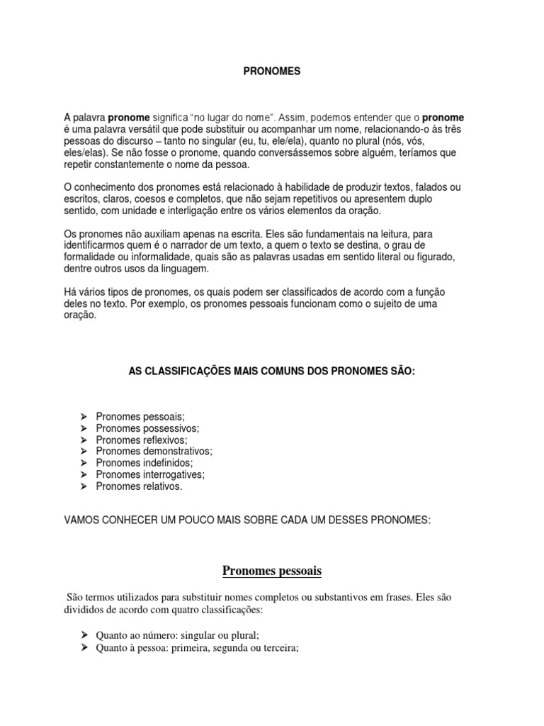 As Principais Classificações E Funções Dos Pronomes Pdf Pronome