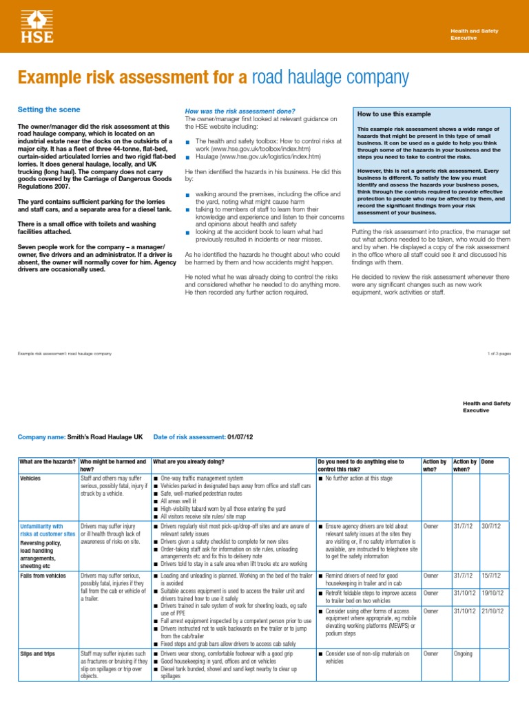 Road Haulage Company: Example Risk Assessment For A | PDF ...