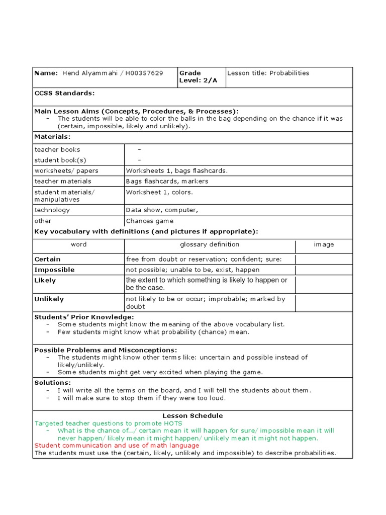 Probability Lesson Plan - Part 2 | PDF | Vocabulary | Psychological ...
