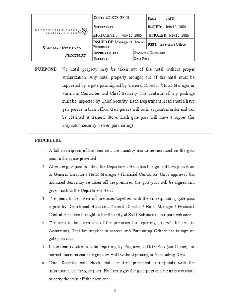 EO-SOP-Gate Pass-011 | PDF | Security Guard | Accounting