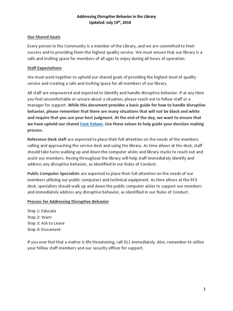 Addressing Disruptive Behavior in The Library Updated: July 19, 2016 ...