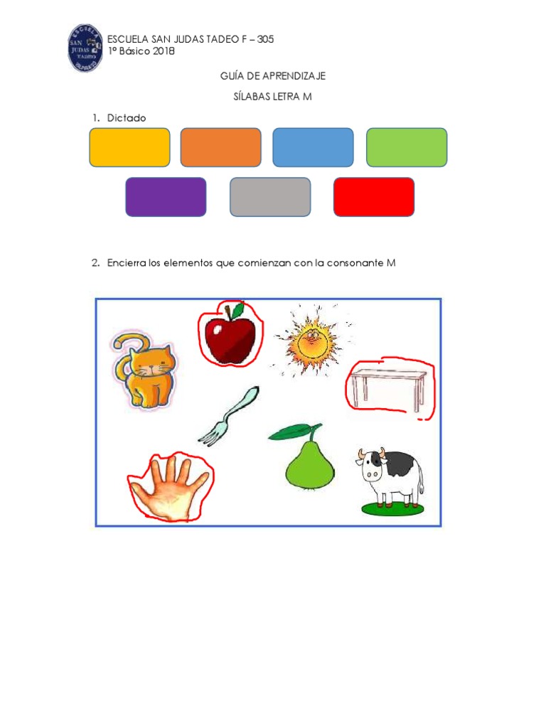 Guía de Aprendizaje. Silabas Letra M | PDF