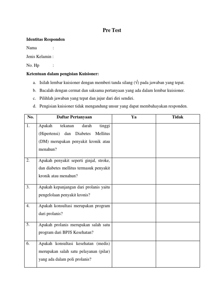Kuesioner Pretest dan Posttest Prolanis | PDF
