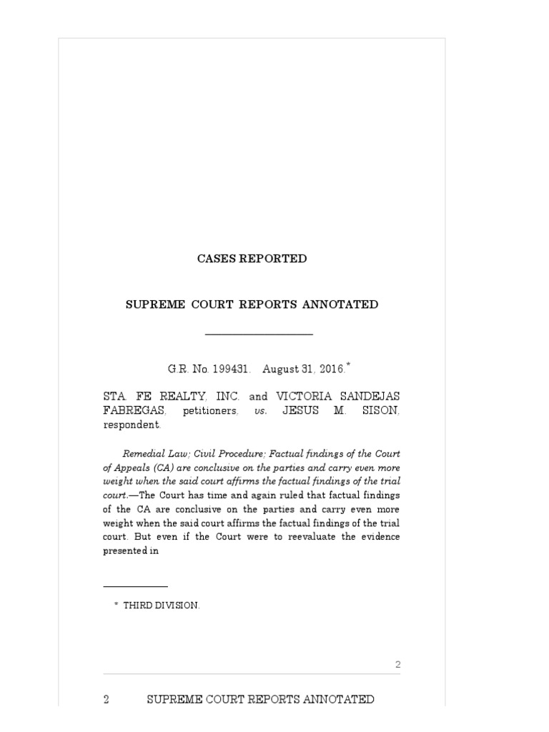 Sta. Fe Realty Inc. vs. Sison | PDF | Rescission | Burden Of Proof (Law)