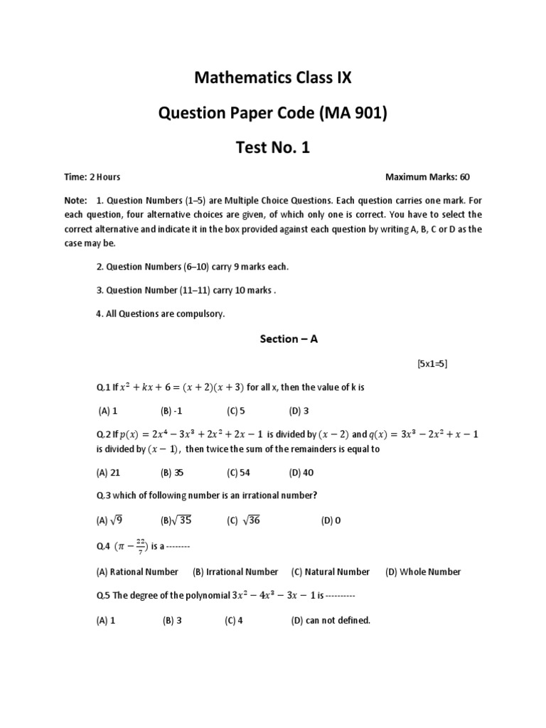 Mathematics Class IX Question Paper Code (MA 901) Test No. 1 | PDF ...