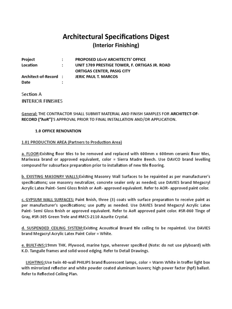 Architectural Specifications Digest: (Interior Finishing) | PDF ...