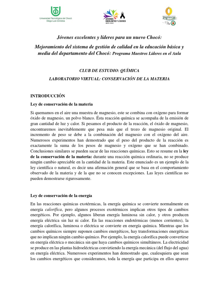 LABORATORIO VIRTUAL - Conservación de La Materia | PDF | Reacciones ...