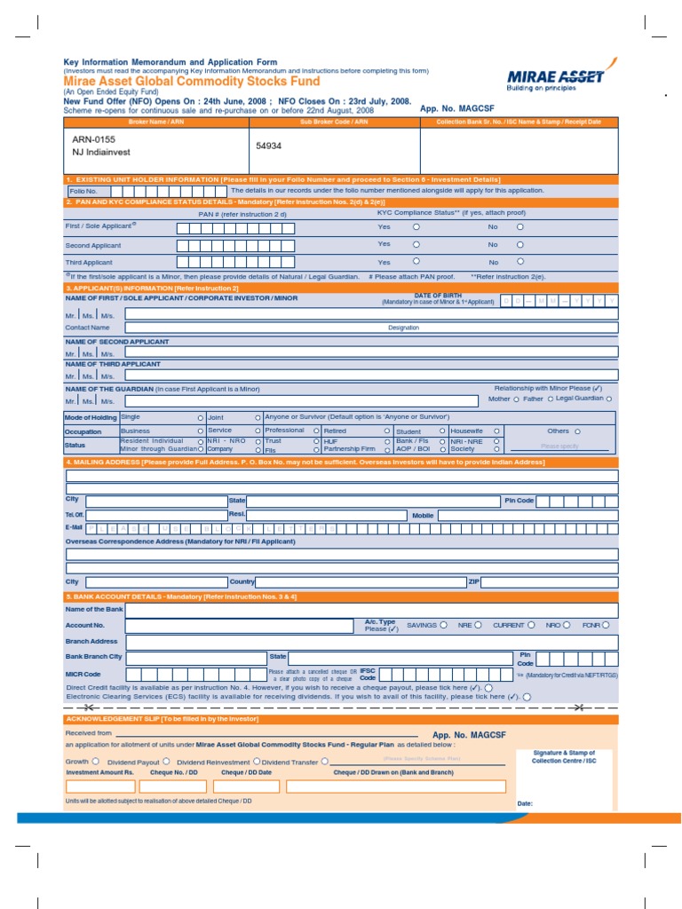 Mirae Asset Global Commodity Stocks Fund Application Form | PDF