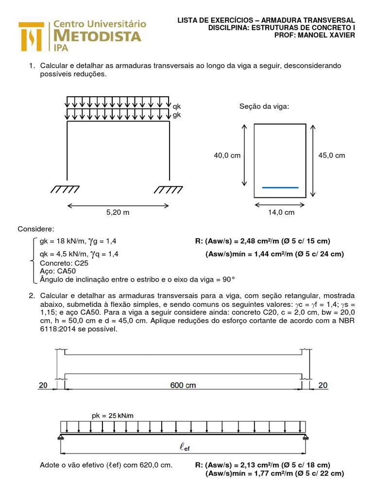Lista de Exercícios - Armadura Transversal | PDF