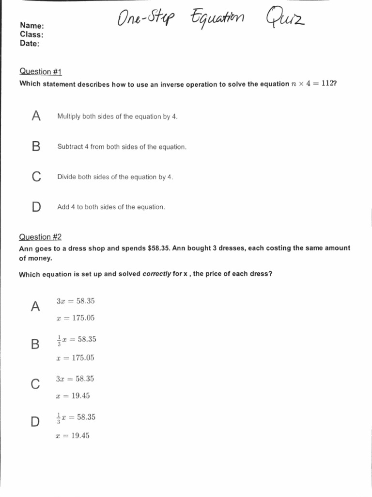 One Step Equations | PDF