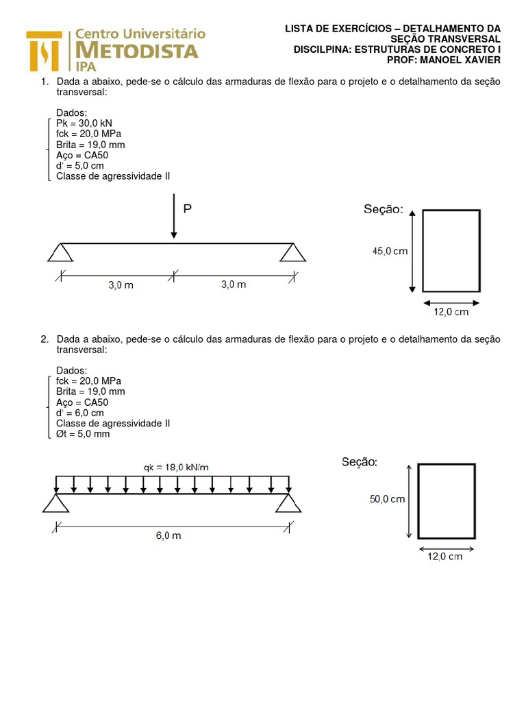 Lista de Exercícios - Detalhamento Seção Transversal | PDF