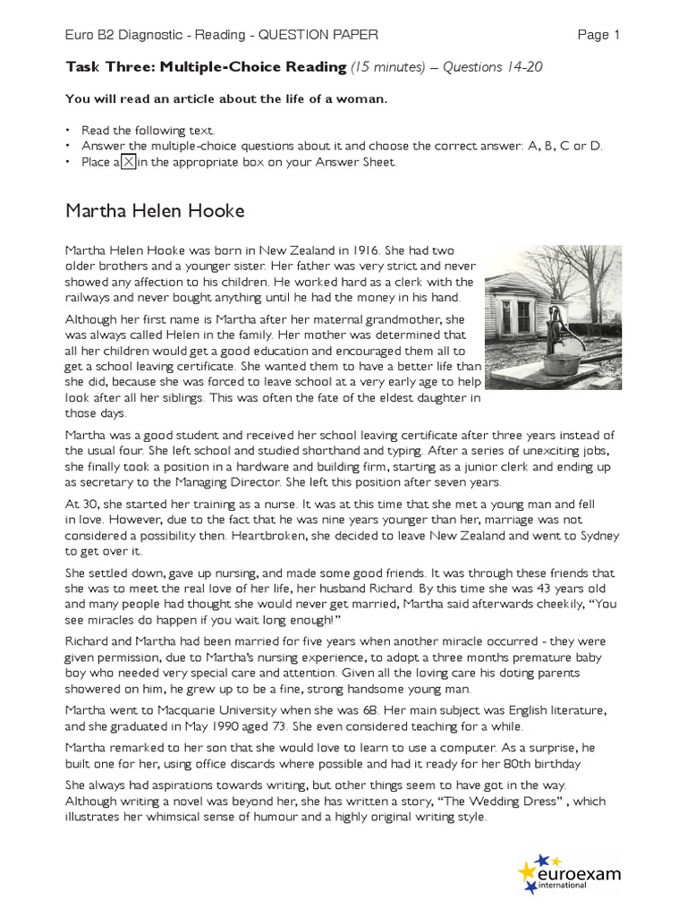 Martha Helen Hooke: Task Three: Multiple-Choice Reading (15 Minutes ...
