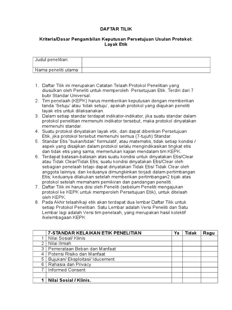 Contoh Daftar Tilik Untuk Ethical Clearance | PDF
