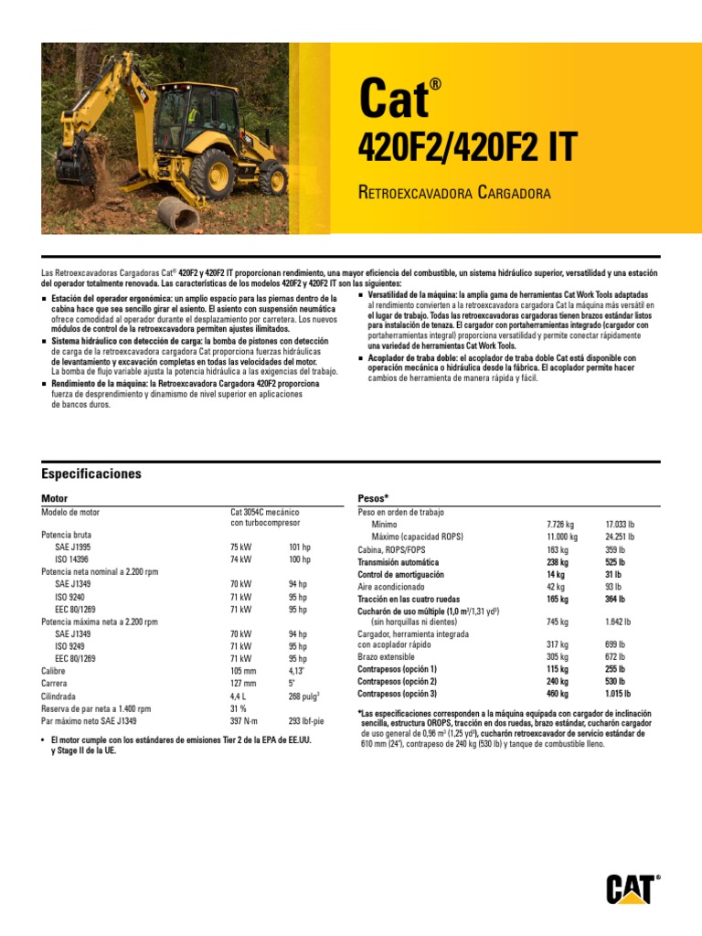 Retroexcavadora 420F2 Ficha Tecnica PDF | Download Free PDF | Eje | Herramientas