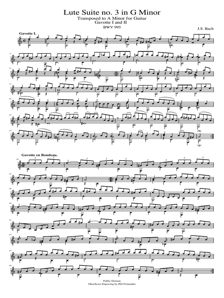 2734351-BWV 995 Lute Suite No. 3 in G Minor Gavotte I II Transposed To ...