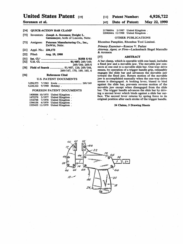US4926722 Quick-Action Bar Clamp | PDF | Trigger (Firearms) | Lever